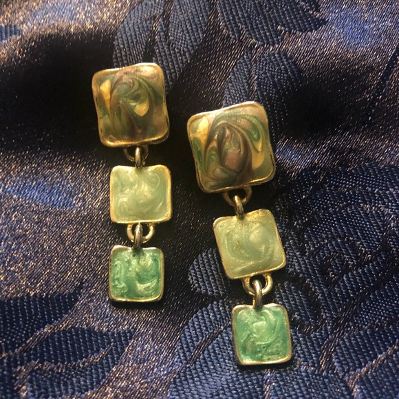 Jewelry | 198s Dangly Aqua Earrings With An Abstract Green And Blue ...